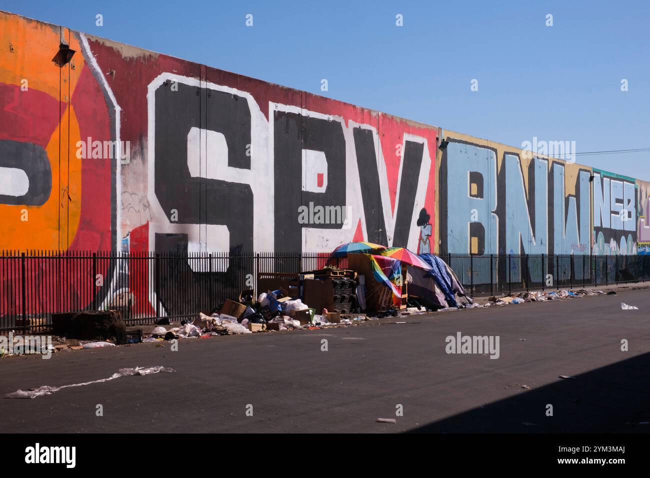 Homeless encampment and graffiti, Downtown Los Angeles, California ...