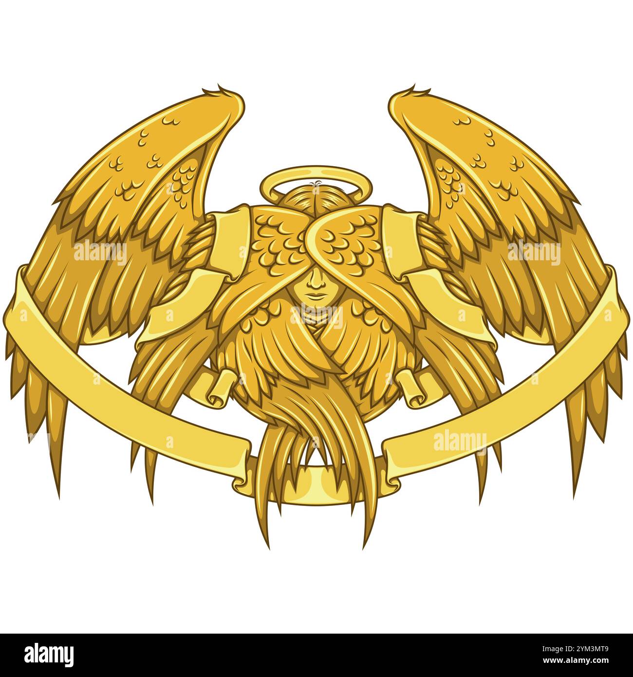 Angel with six wings and ribbon, angelic face of the Catholic religion ...