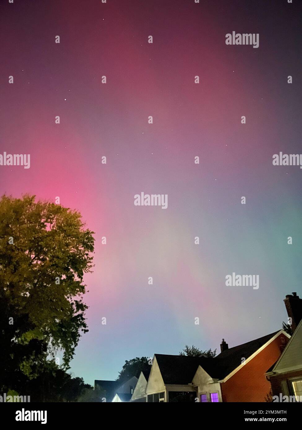 Bright pink and green Northern Lights over suburban houses at night ...