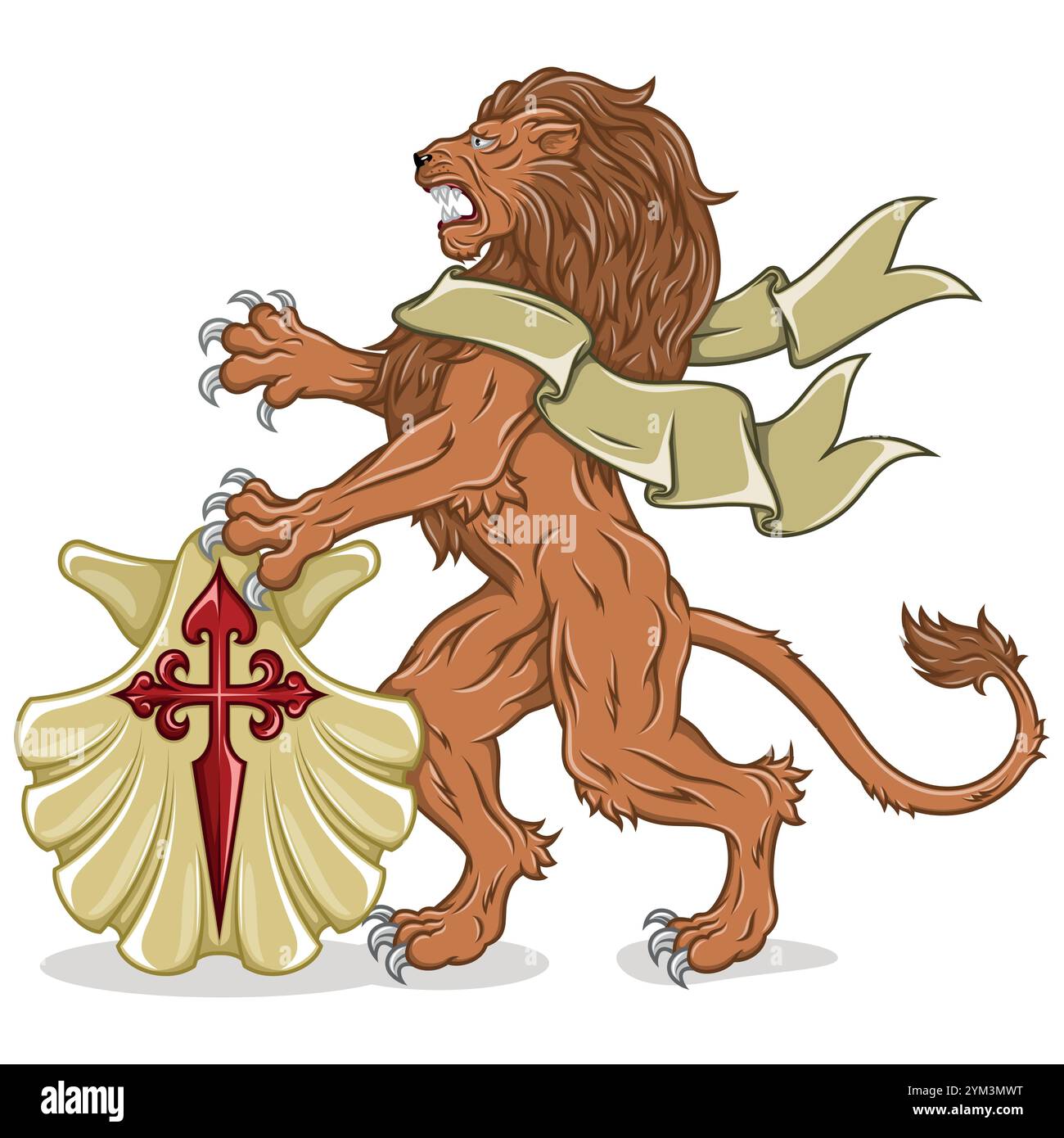 Rampant lion with ribbon and cross of Santiago, heraldic feline with ...