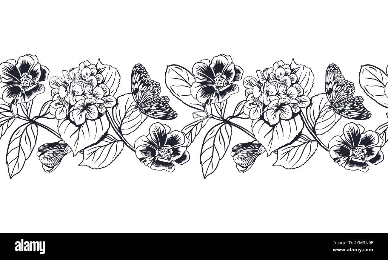 Hydrangea flower and butterflies seamless border. Hand drawn vector ...
