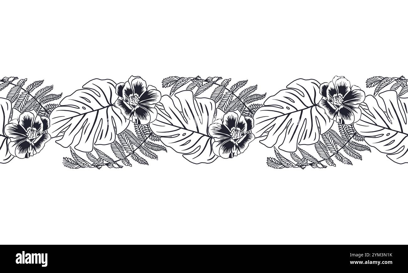 Tropical seamless border. Monstera palm leaves, fern, flowers. Hand ...