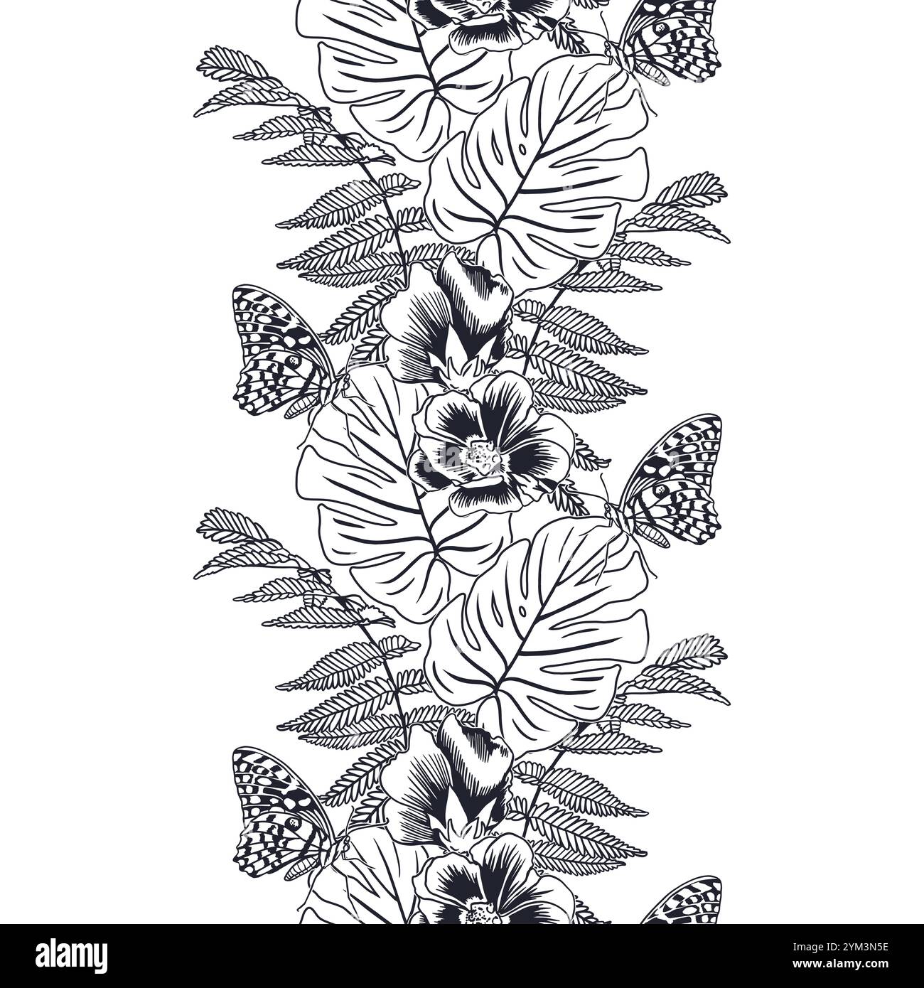 Tropical seamless border, vertical. Monstera palm leaves, fern, flowers ...