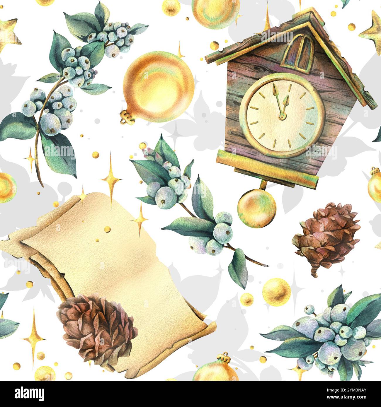 Wooden house clock with cuckoo, snowberry, letter sheets, pine cones ...