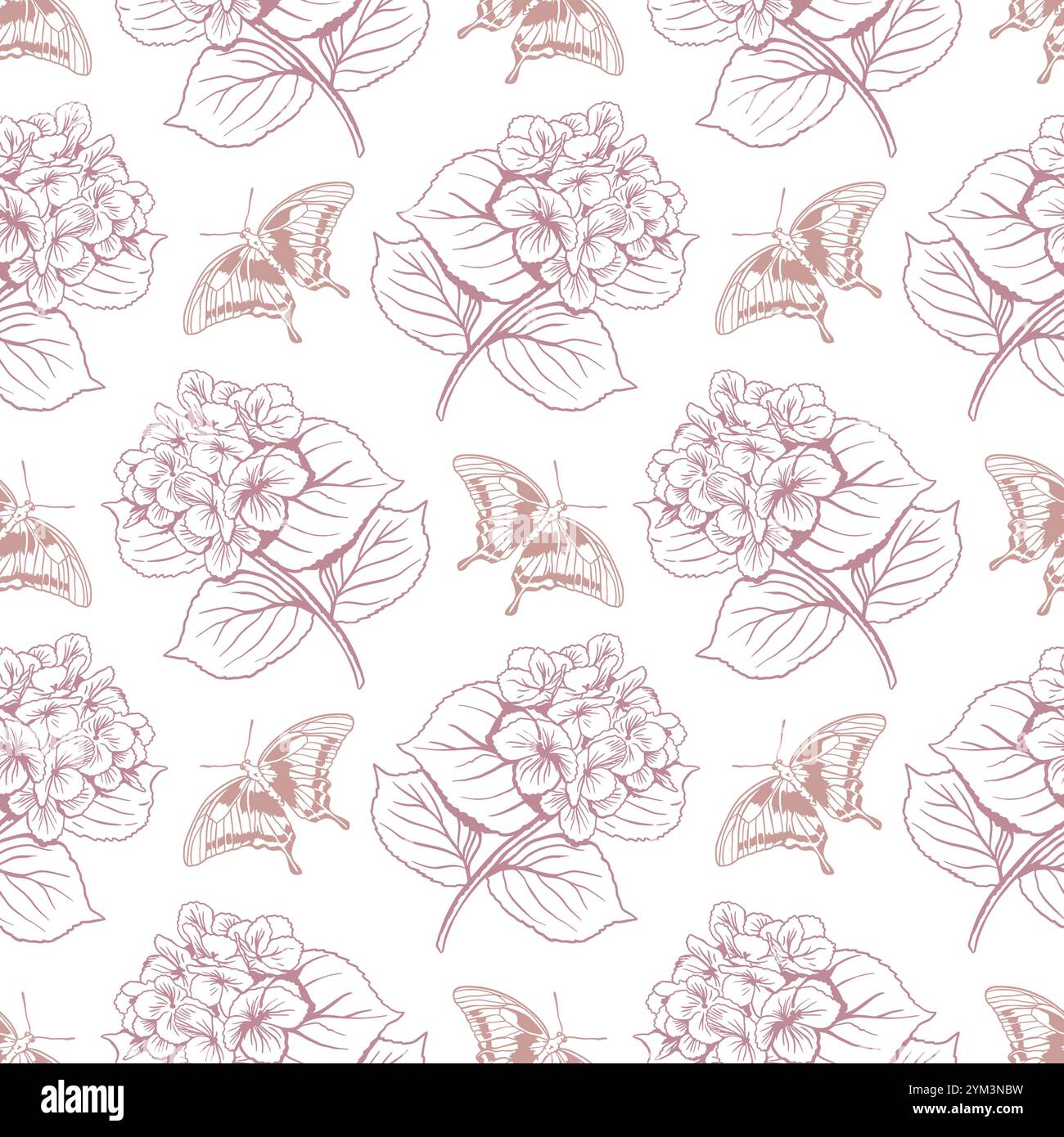 Hydrangea flower and butterflies seamless pattern. Hand drawn vector ...