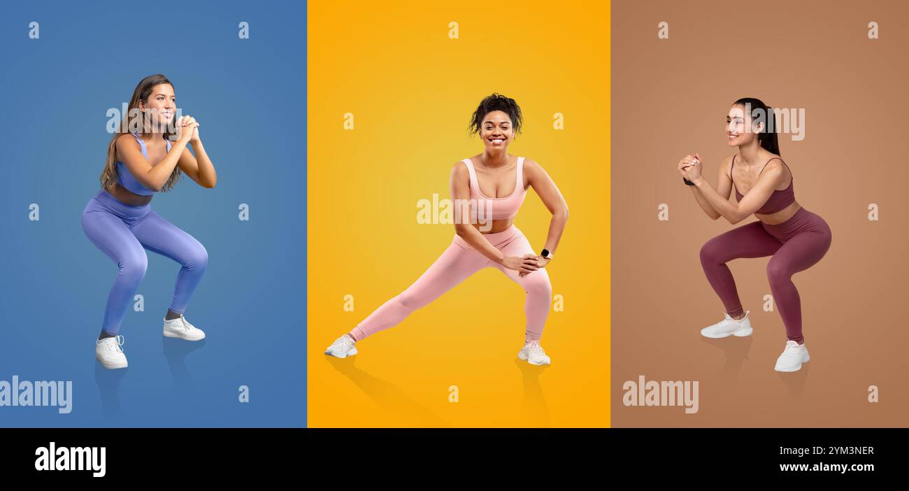 Three women doing squats in colorful gym gear against bright backdrops ...