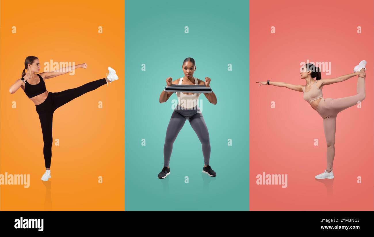 Women performing different fitness exercises on colorful backgrounds in ...