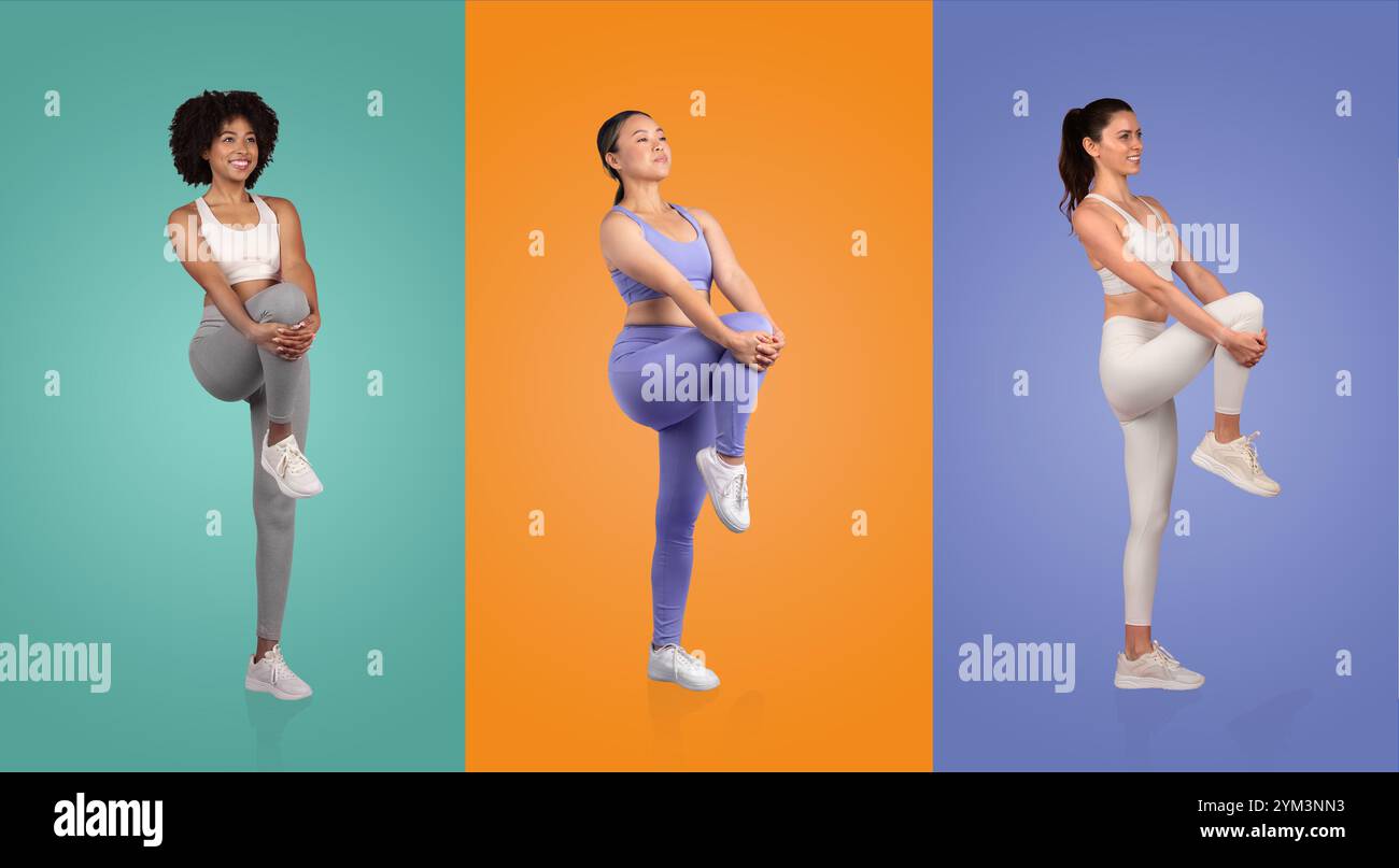 Three women exercising with dynamic stretches against colorful ...