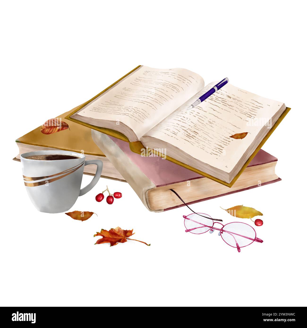 Open book on a stack of books, a fountain pen lies on the page ...