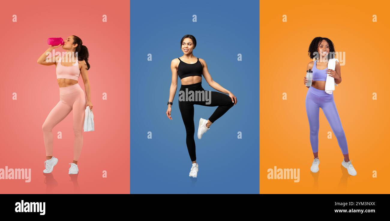Women in activewear pose against colorful backgrounds during a fitness ...