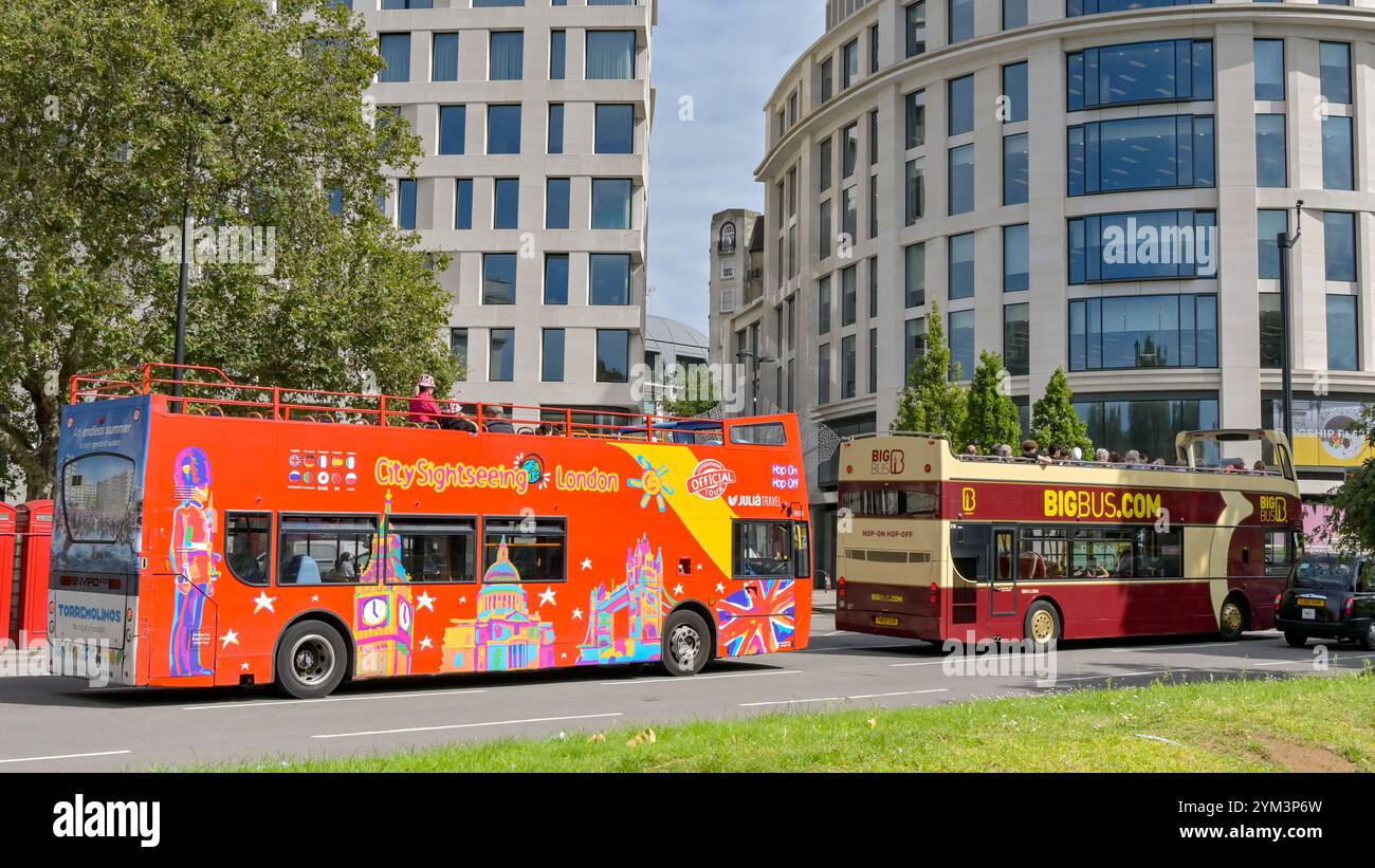 London, England, UK - 24 August 2023: Double decker buses carrying ...