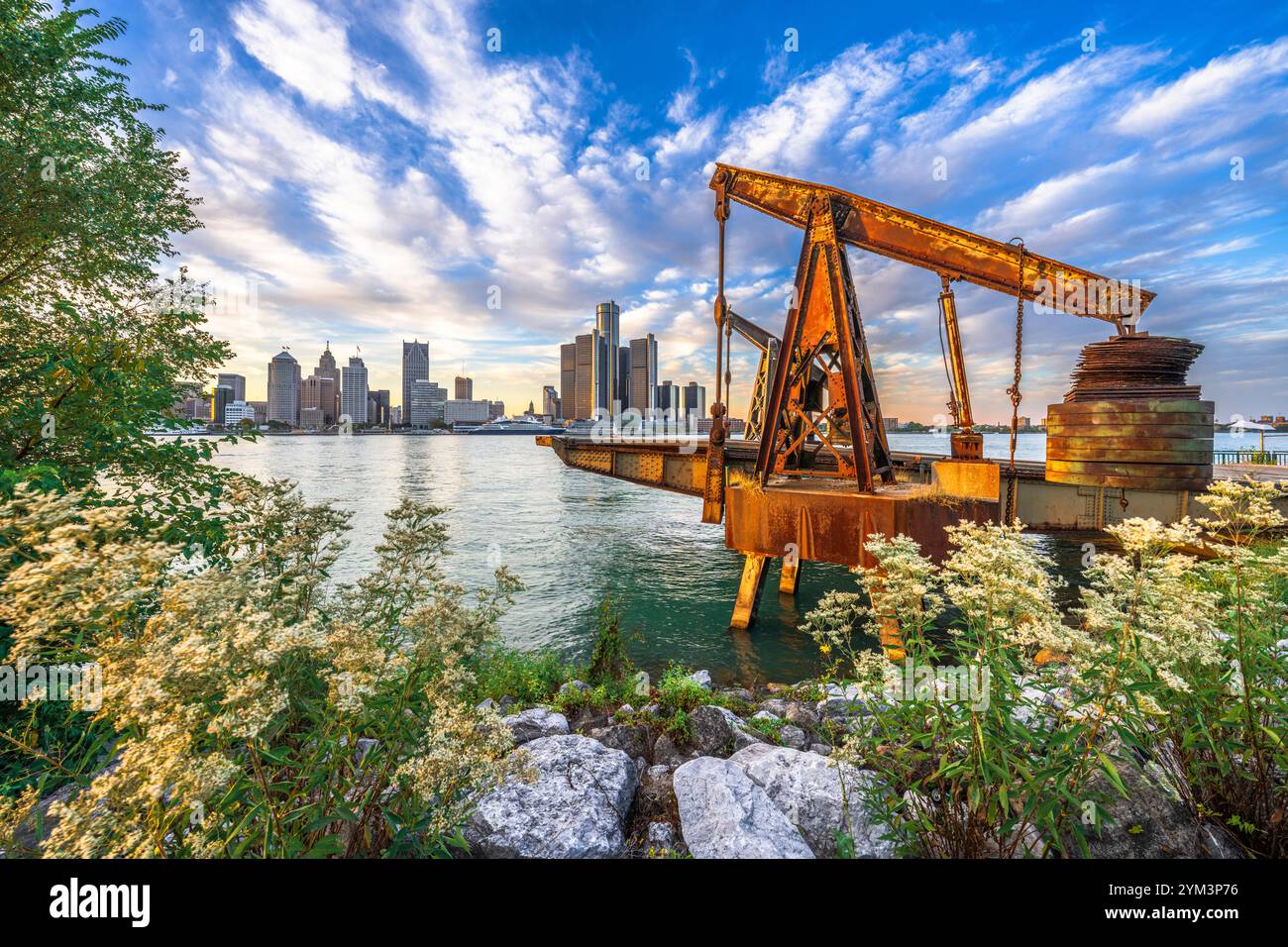 The Detroit, Michigan, USA skyline as seen from across the Detroit ...