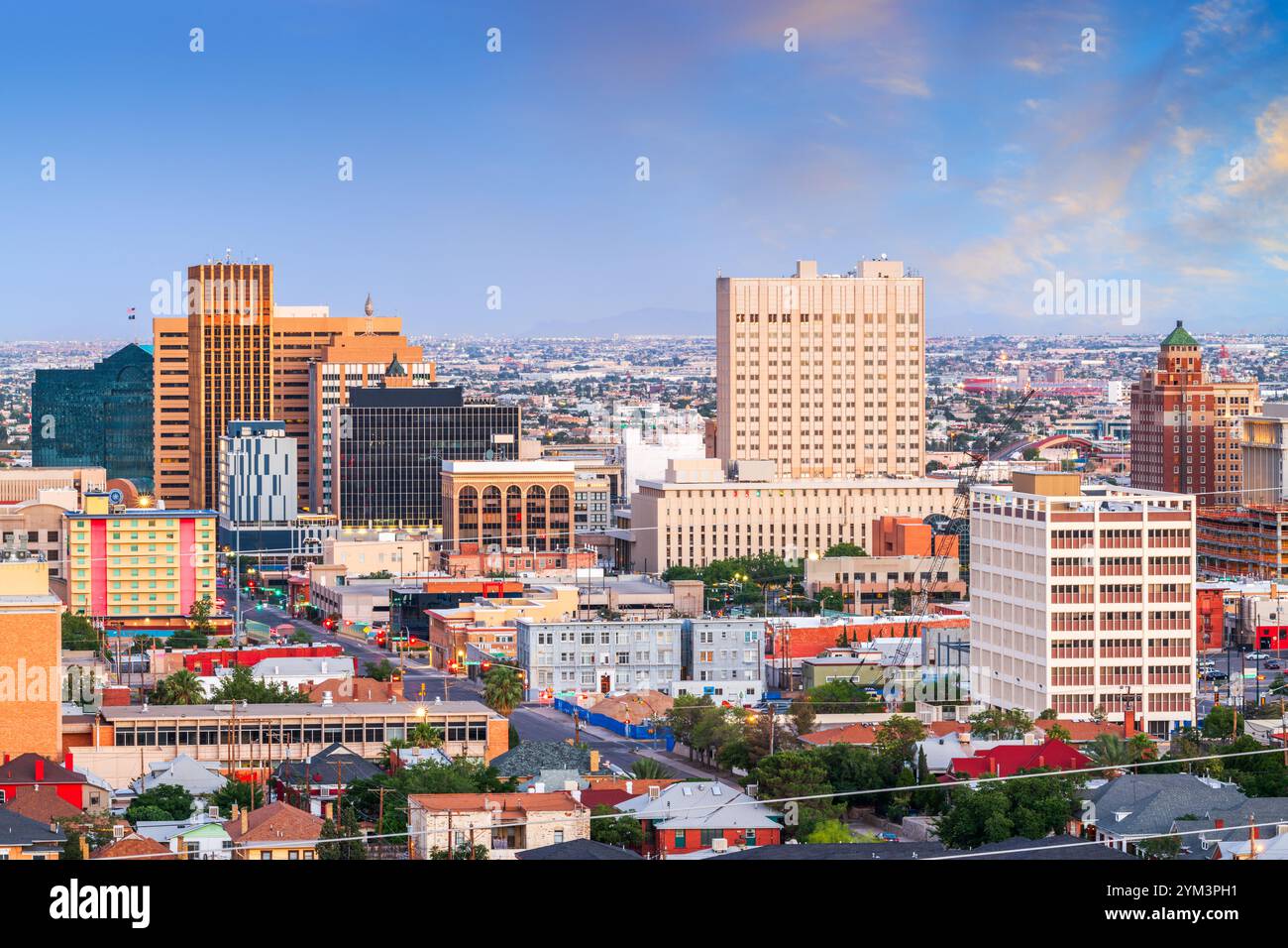 El Paso, Texas, USA downtown city skyline at dusk with Juarez, Mexico ...