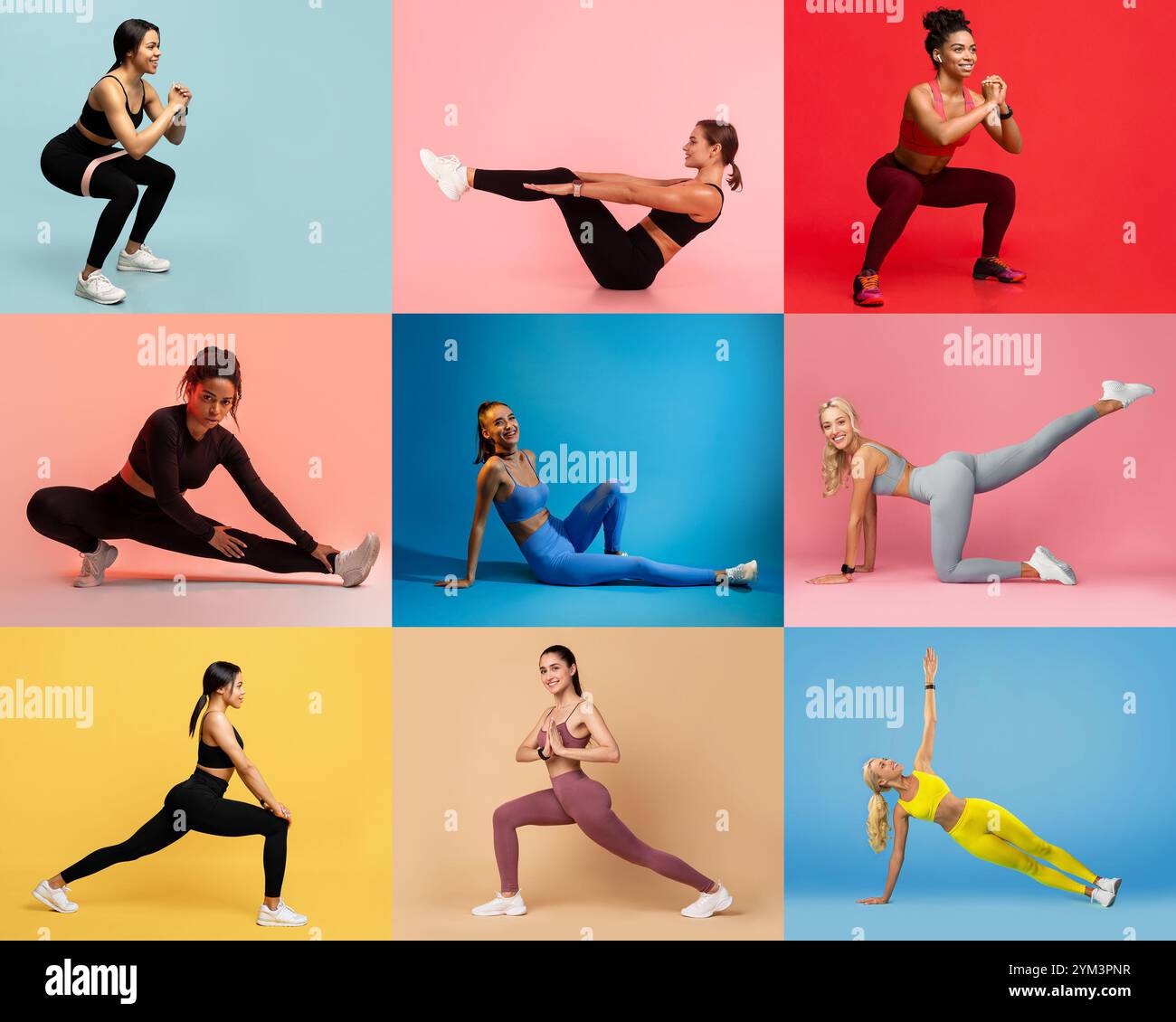 Diverse fitness enthusiasts performing various exercises in vibrant ...