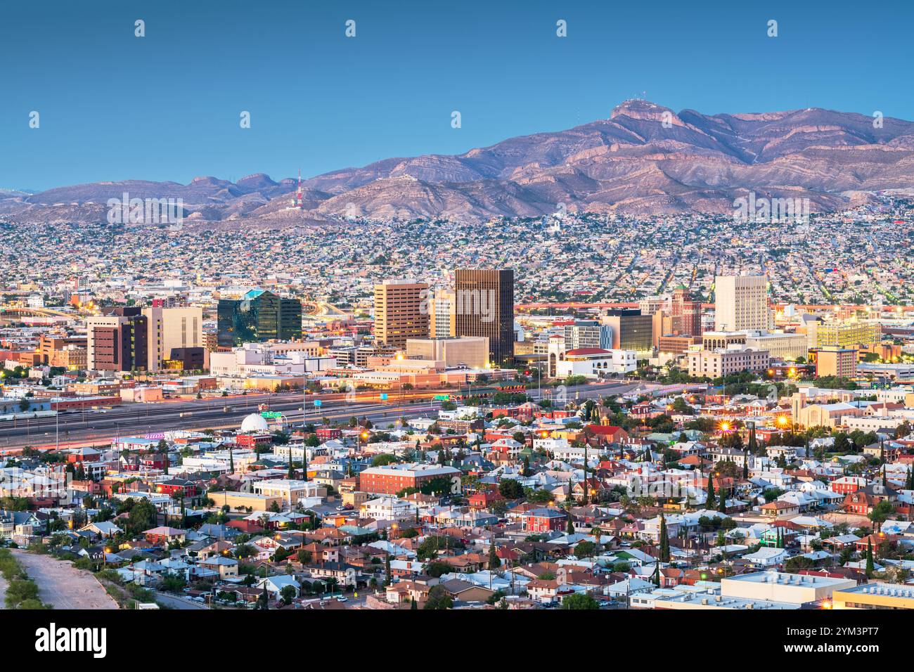 El Paso, Texas, USA downtown city skyline at dusk with Juarez, Mexico ...