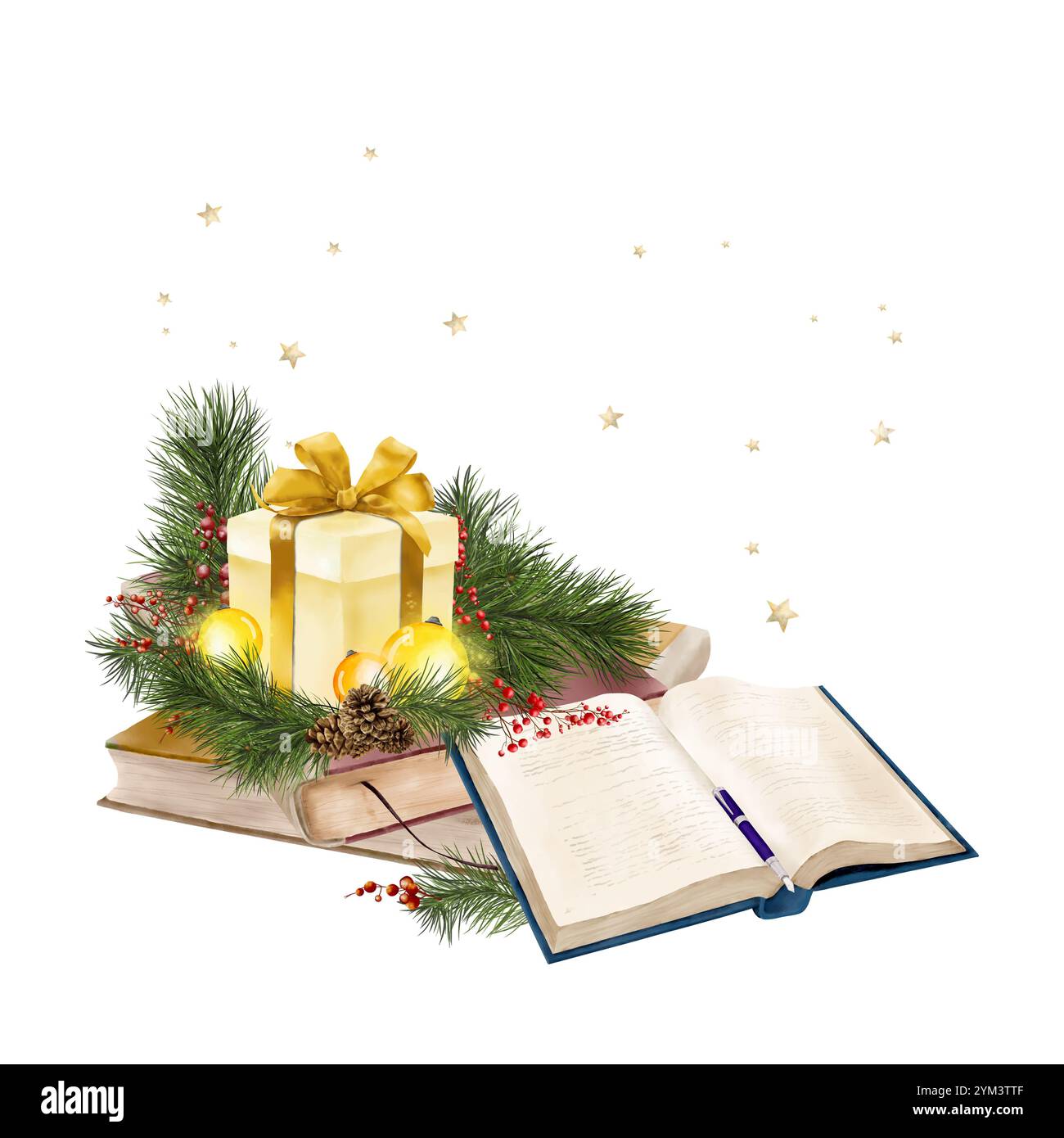 New Year gift and pine branches lie on books. Watercolor digital ...