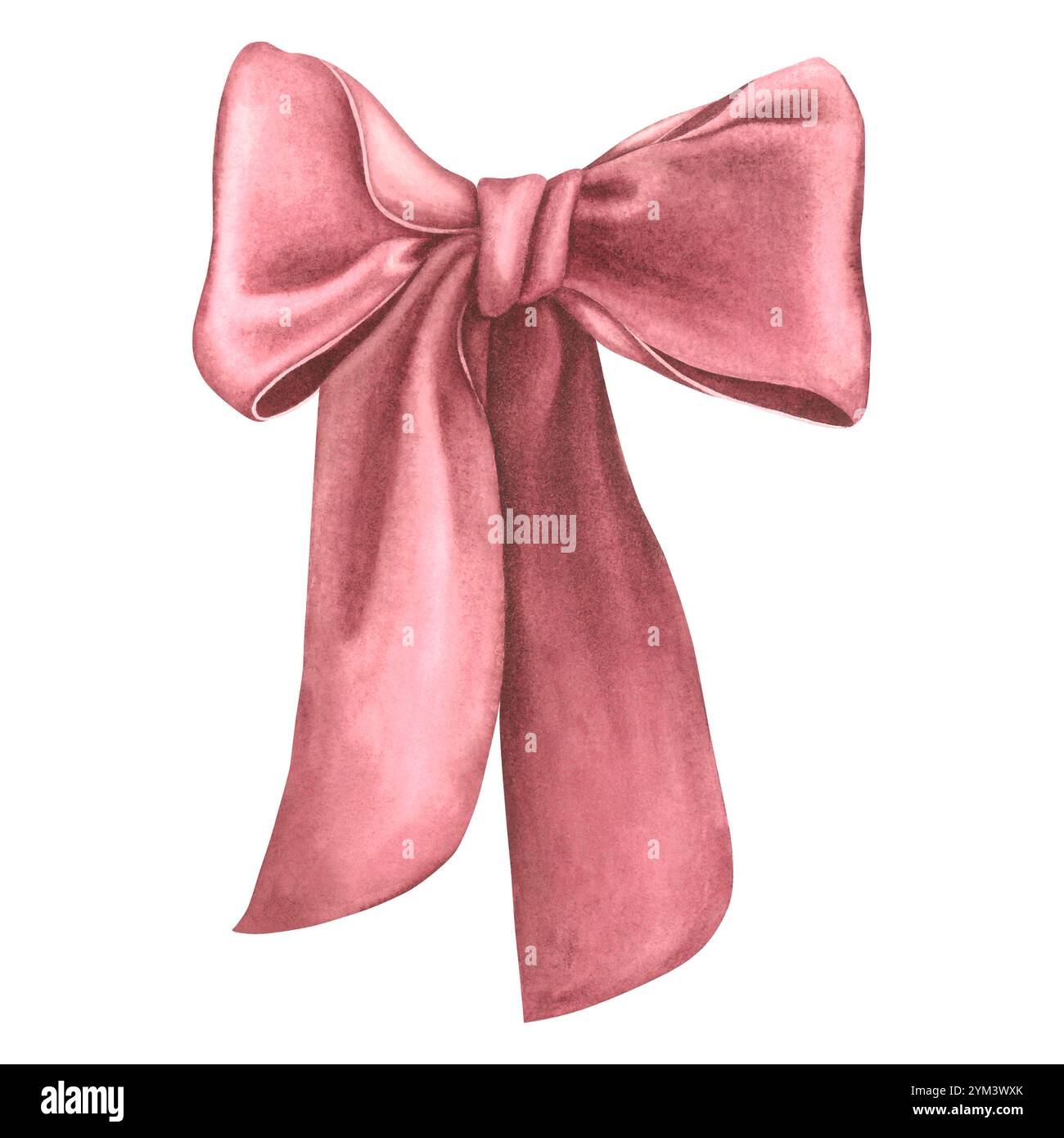 Dark red satin ribbon bow with delicate folds. Hand drawn watercolour ...