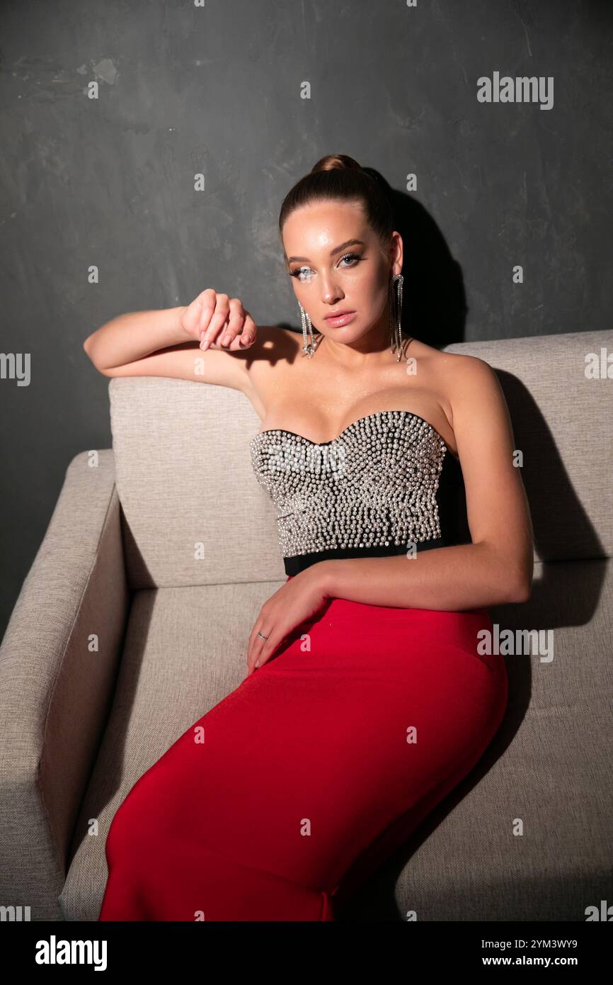 Portrait of a beautiful slender woman in an evening party dress Stock ...