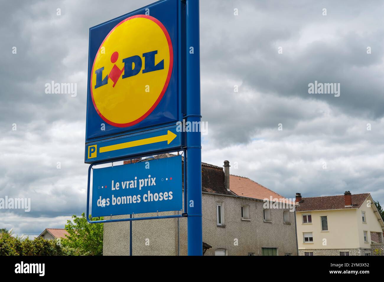 Lidl shop signboard with brand logo sign in Southern France. Lidl is a ...