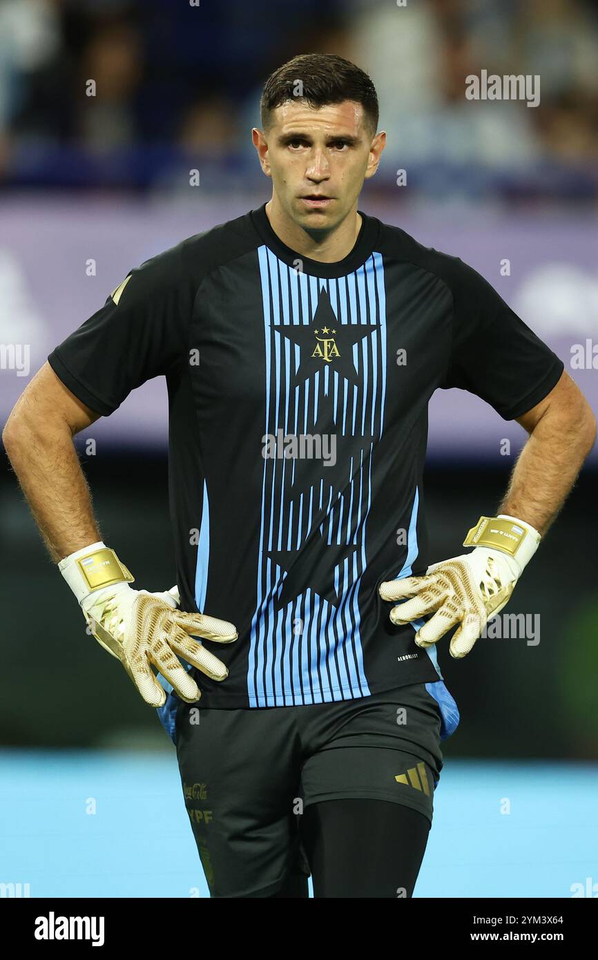 Argentina's goalkeeper Emiliano Martinez looks on during the warm up ...