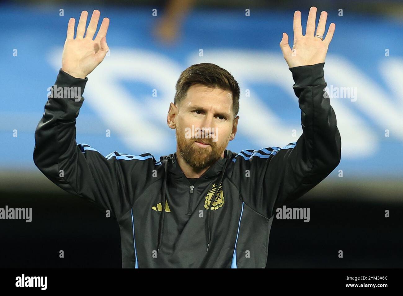 Argentina’s forward Lionel Messi waves supporters during the warm up ...