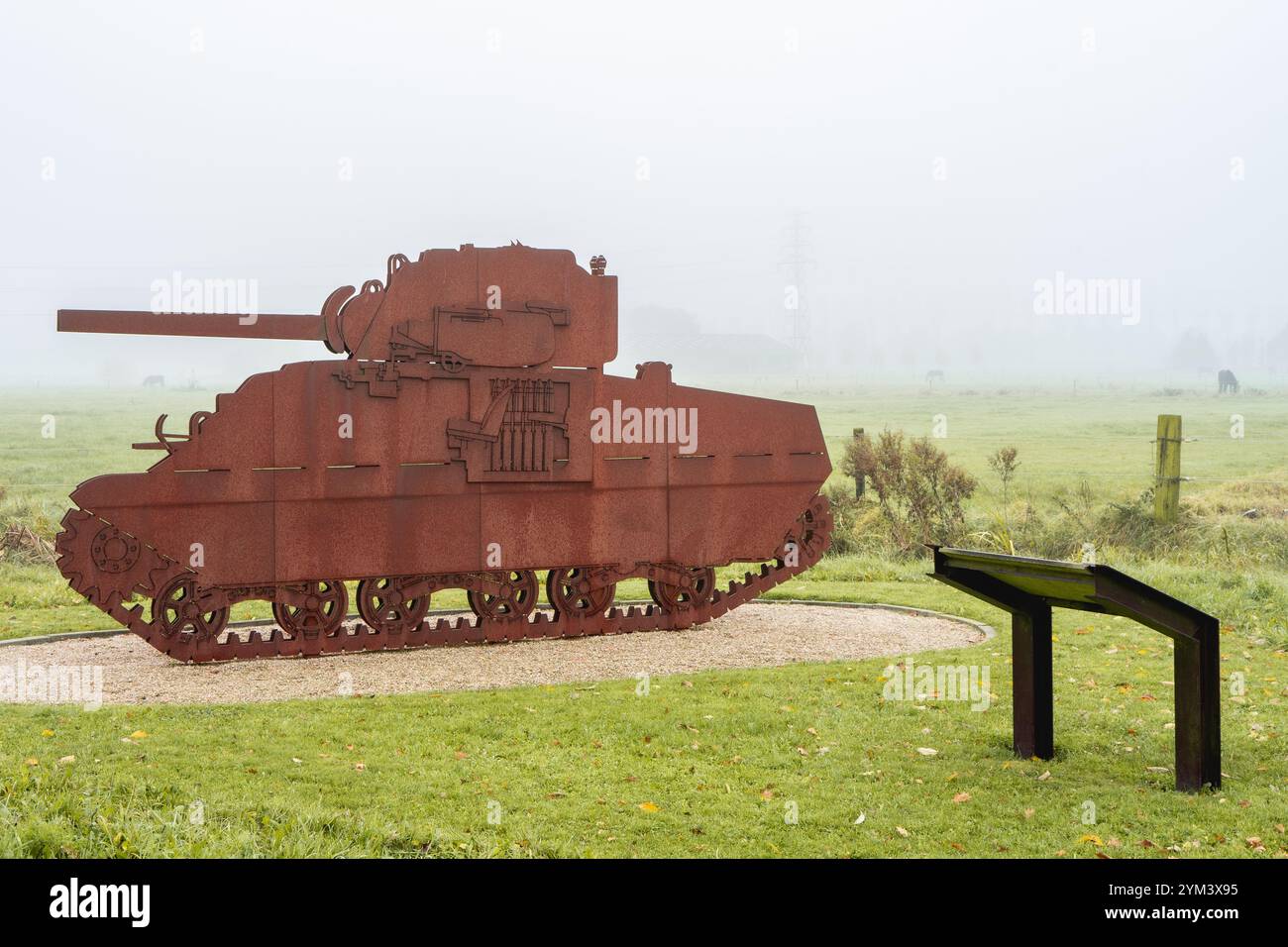 Bemmel, Netherlands, November 13, 2024. A statue of a tank as a ...