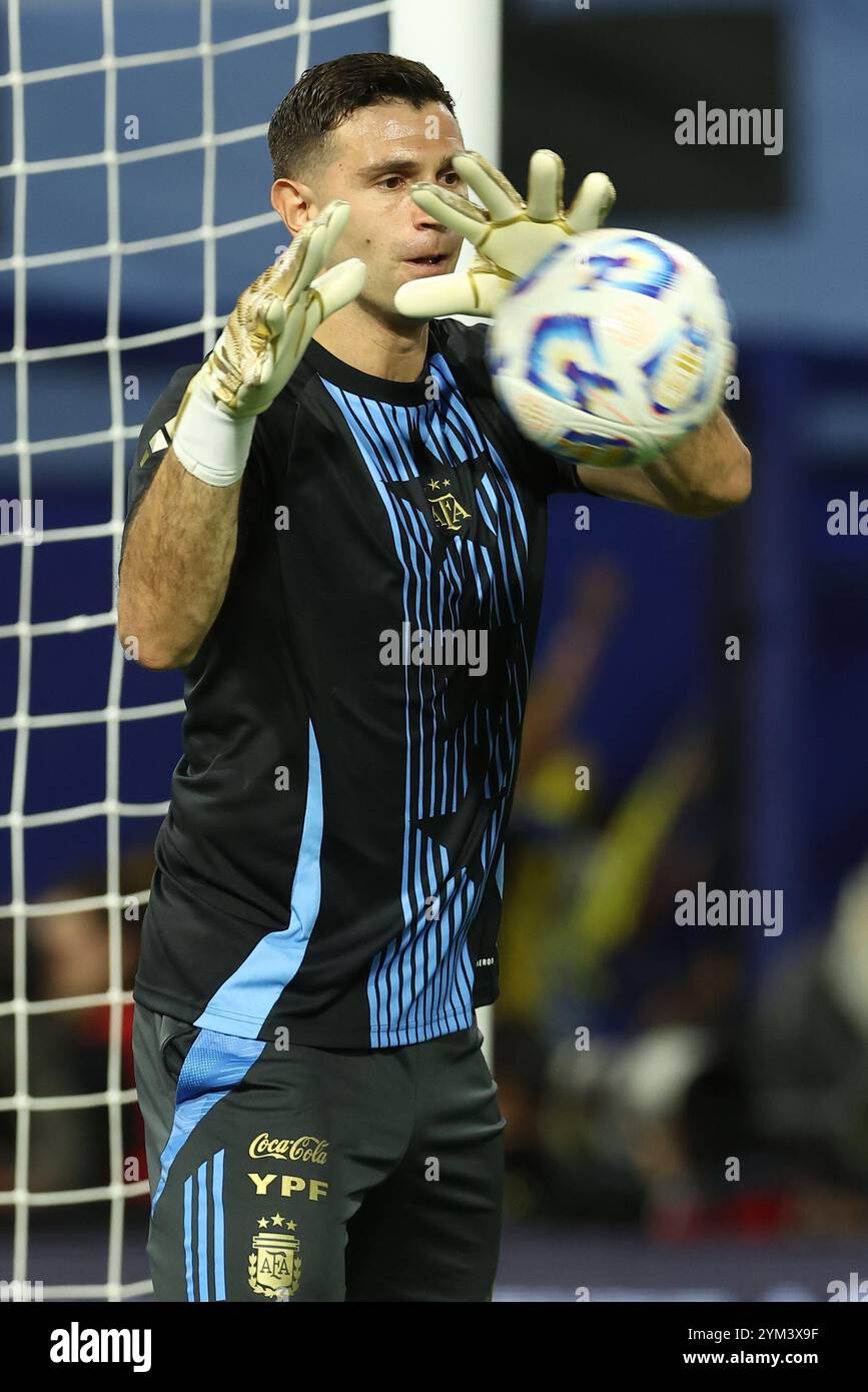 Argentina's goalkeeper Emiliano Martinez looks on during the warm up ...