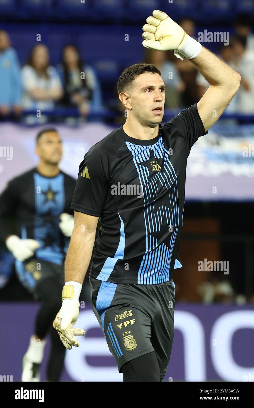 Argentina's goalkeeper Emiliano Martinez looks on during the warm up ...