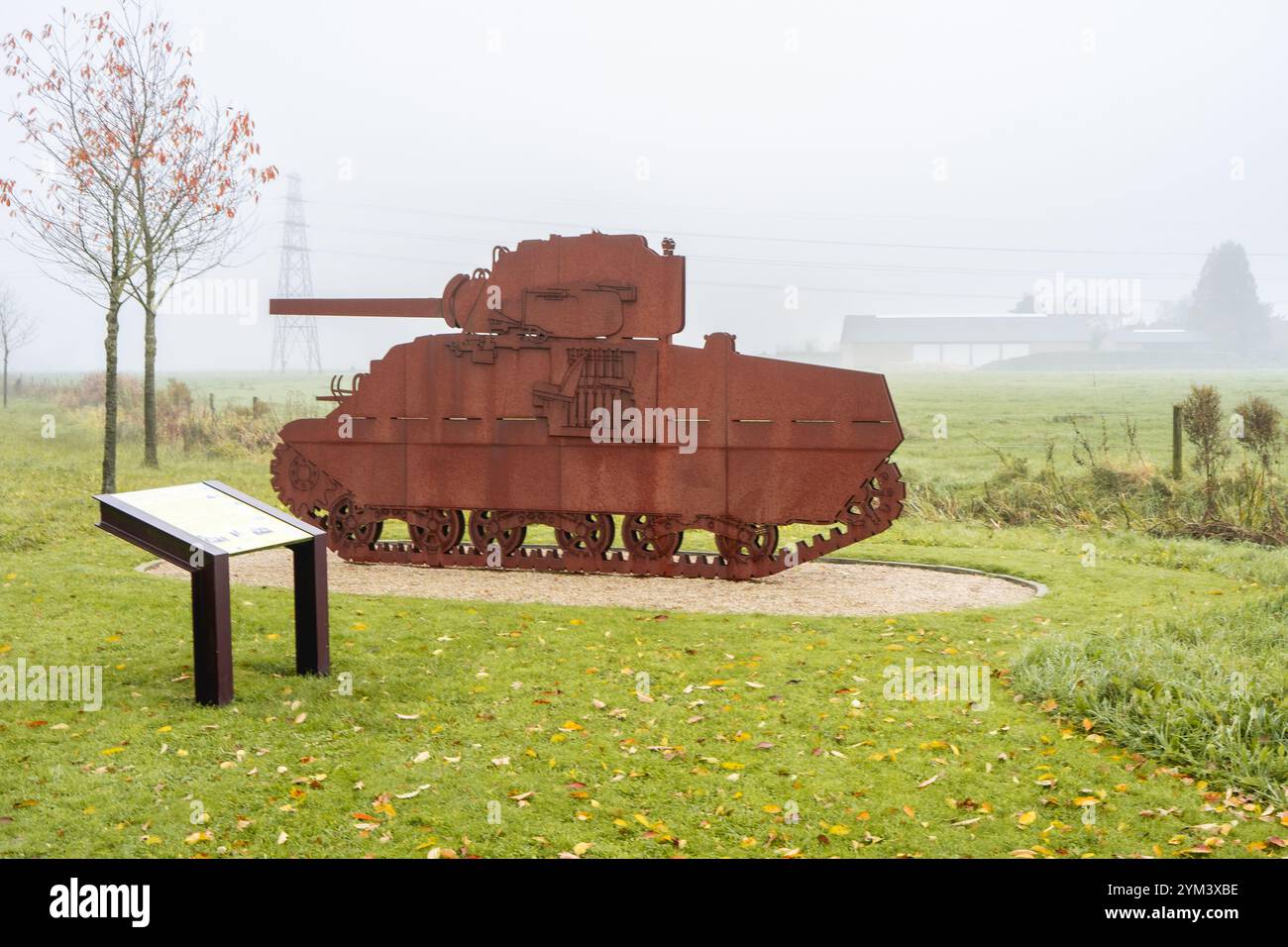 Bemmel, Netherlands, November 13, 2024. A statue of a tank as a ...