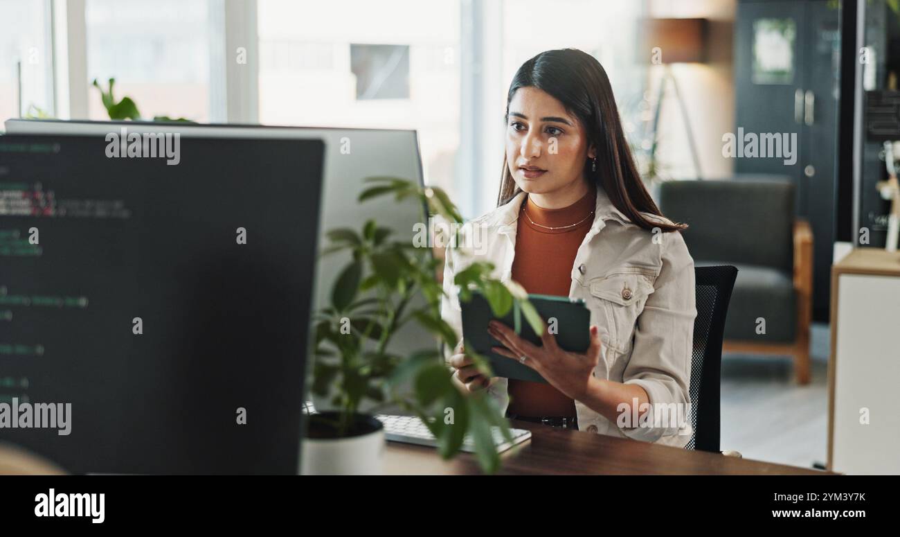 Code, business woman and engineer on tablet for software development ...
