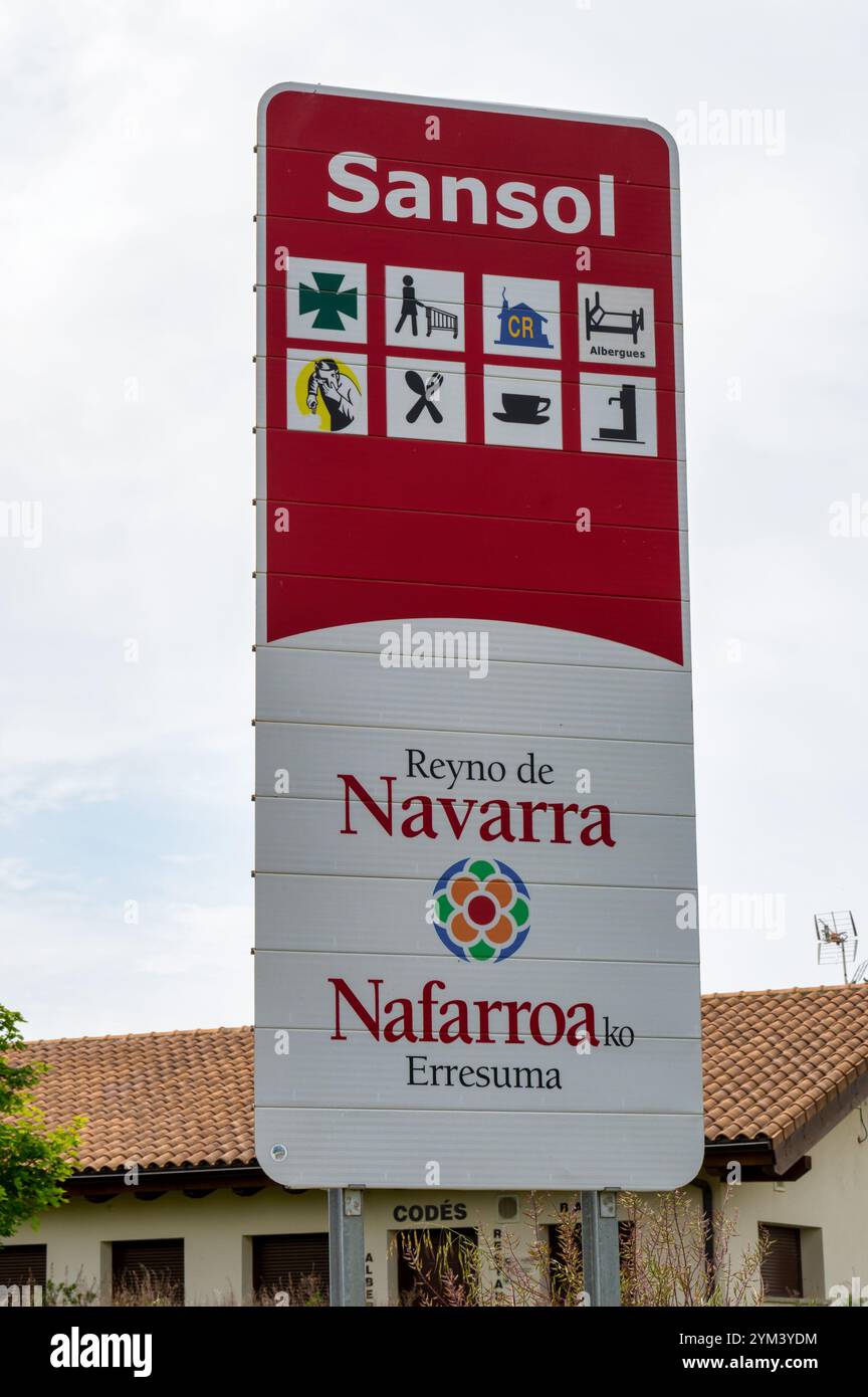 Sansol, Spain- May 25, 2024: A road sign for the village of Sansol in ...