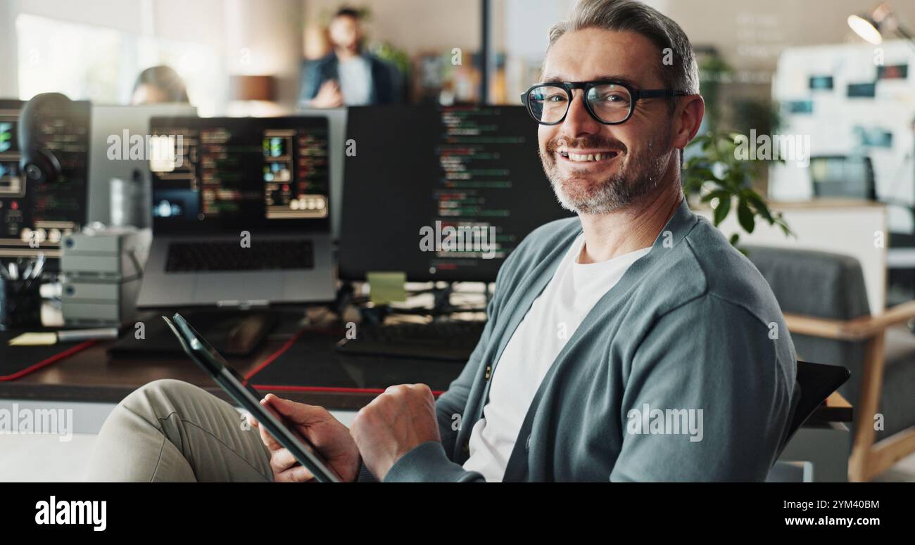 Programmer, happy businessman and portrait with tablet for software development, ai database and ...
