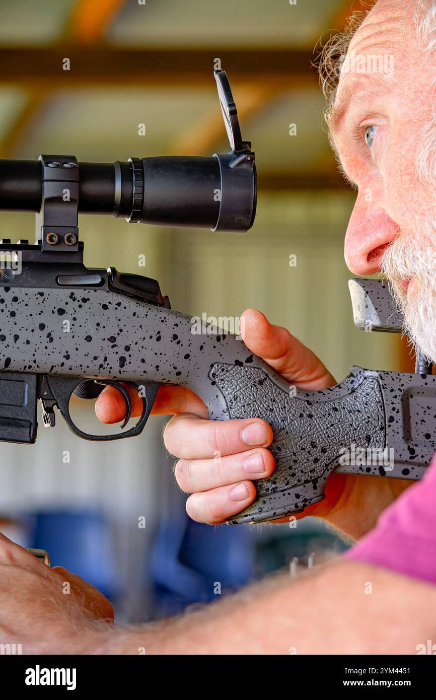 Rifle gun target shooting, old older man bench rest sport sports ...