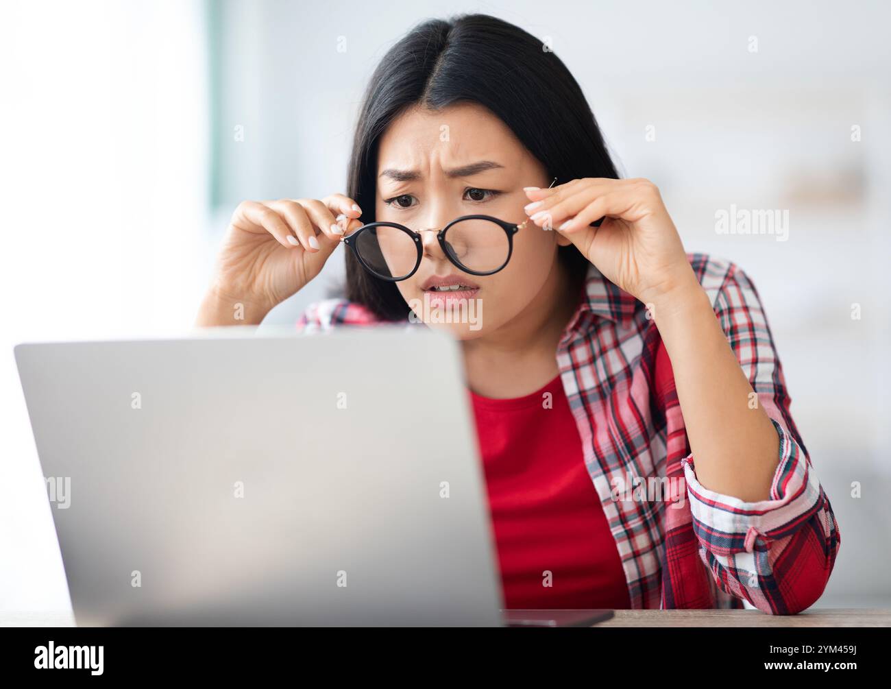 Eyesight Problems. Asian Female Taking Off Glasses While Looking At Laptop Screen Stock Photo ...