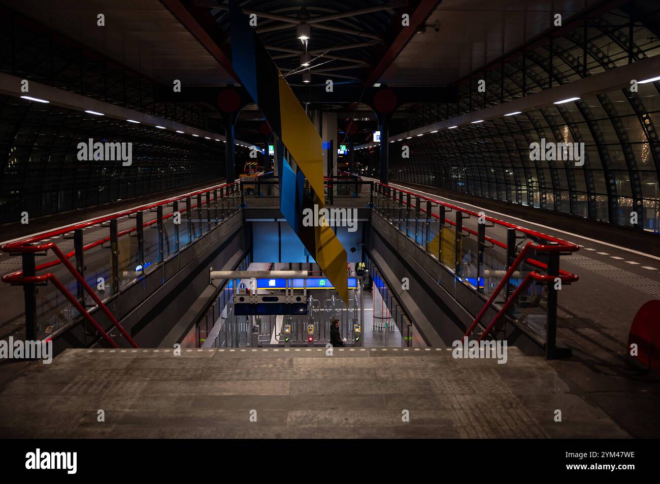 Stairs and hallway of the central metro station of Amsterdam, The ...