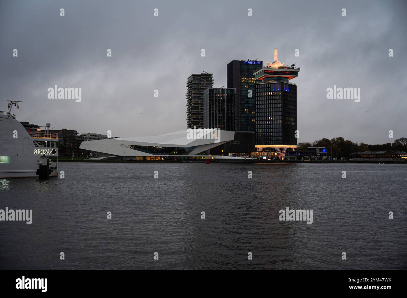 The Adam Tower and Overhoeks Plein square at dusk in Amsterdam, The ...