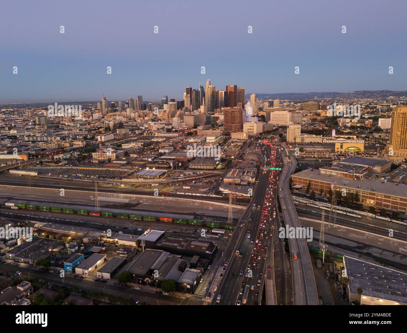 Aerial view of Los Angeles downtown at night, with the traffic on the ...