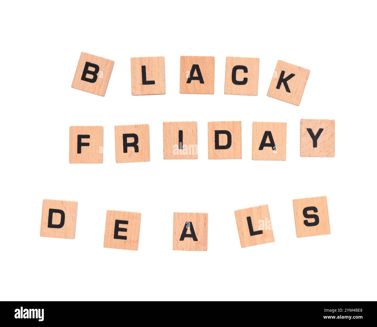 "Black Friday Deals" on small wooden tiles against white background ...