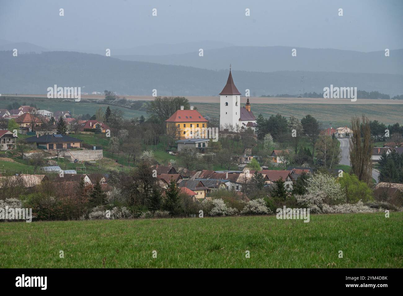 Church in Spring Rural landscape. Late spring, green nature and madows ...
