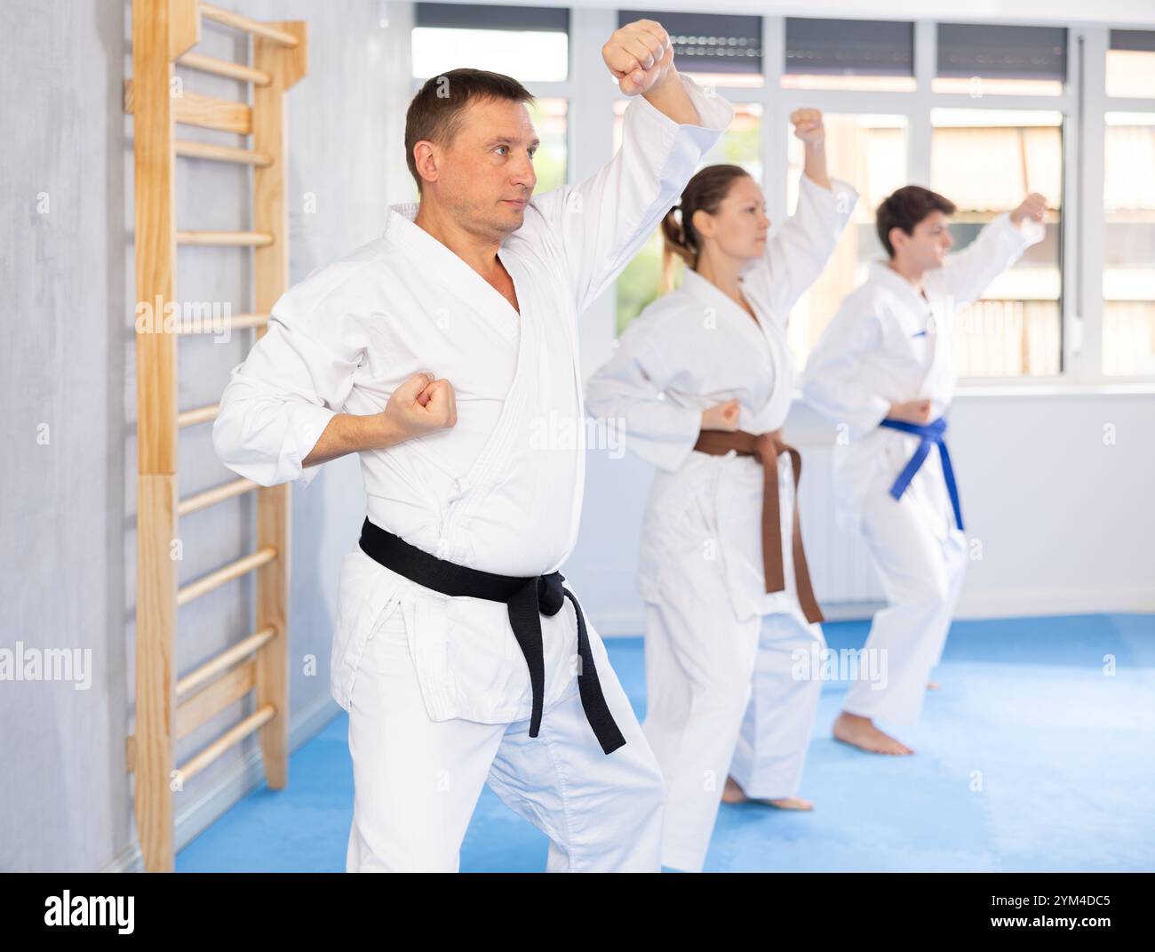 Group of people in kimonos try new fighting techniques at karate ...