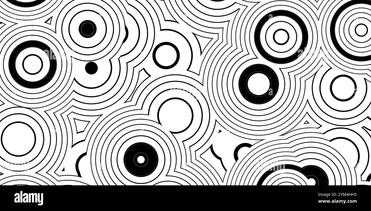 Abstract modern minimal black and white monochrome geometry thin concentric circles pattern ...