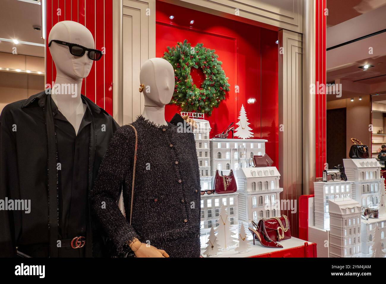 The high-end fashion Gucci store located on fifth Avenue is decorated ...
