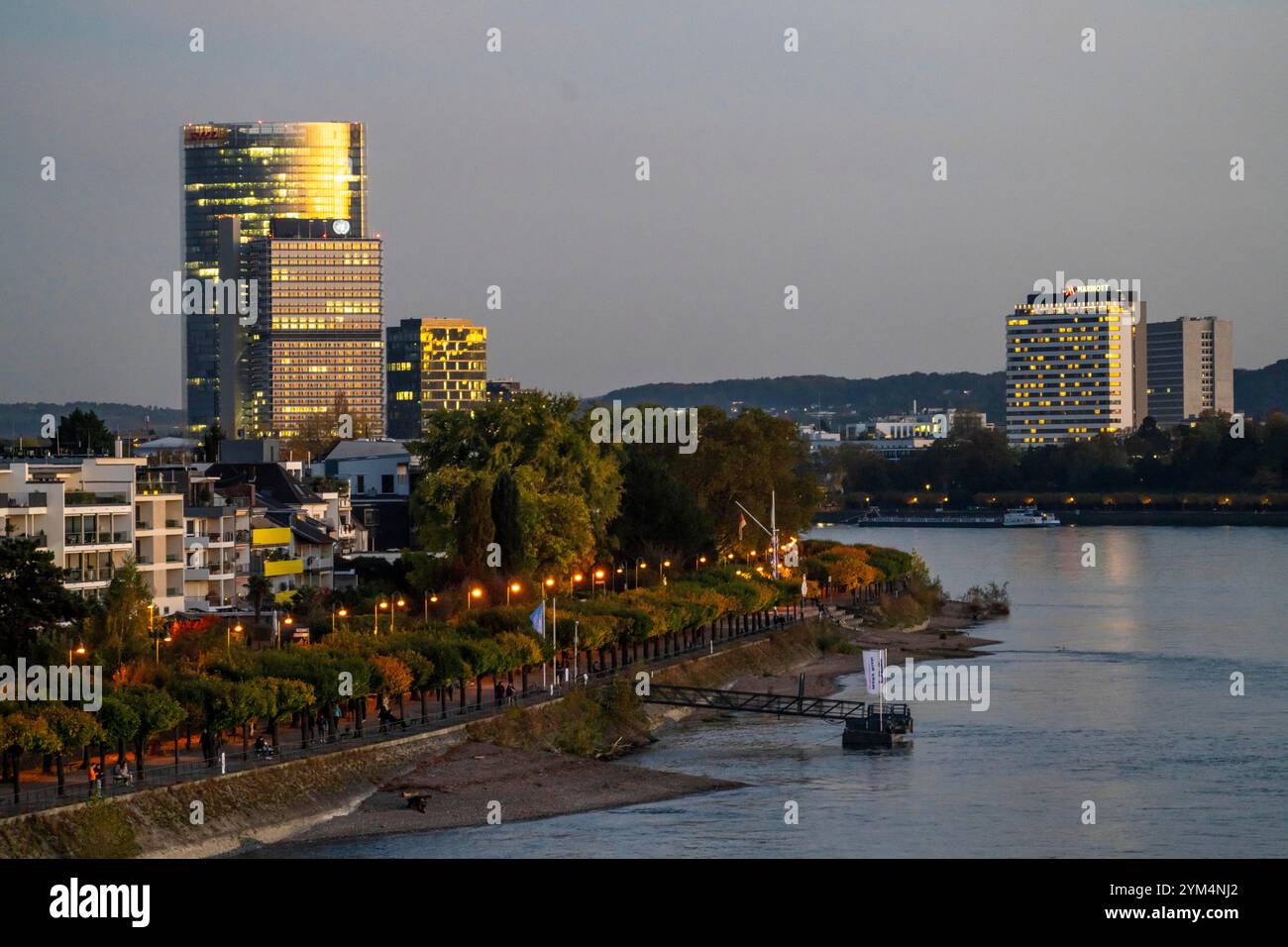 Skyline of Bonn at river Rhein, German Post, DHL Headquarter building ...