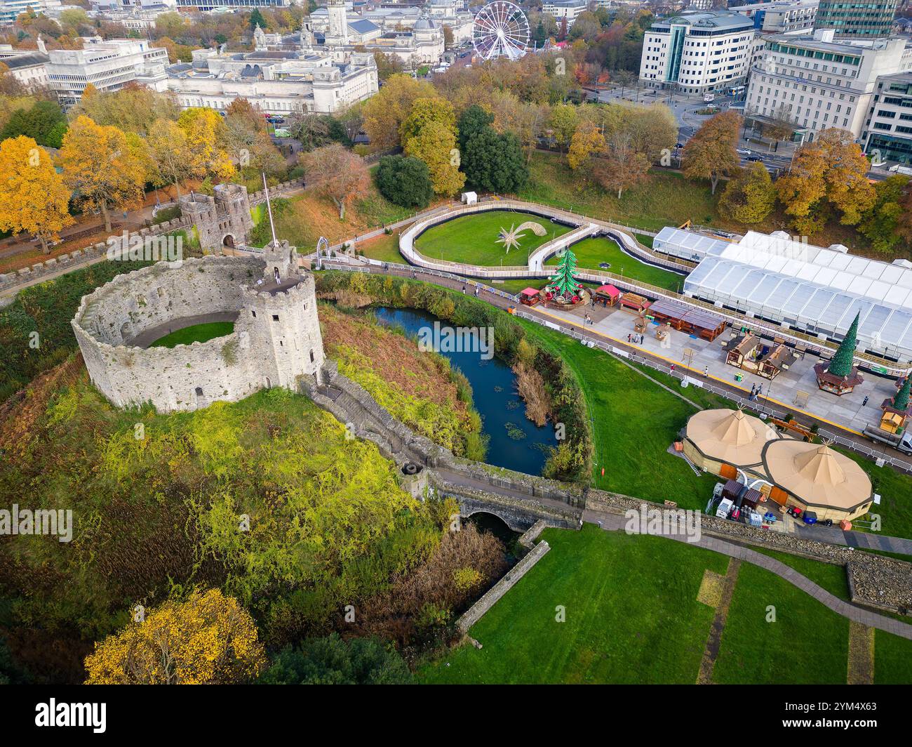 Aerial view of Cardiff Winter Wonderland outdoor ice skating rink in ...