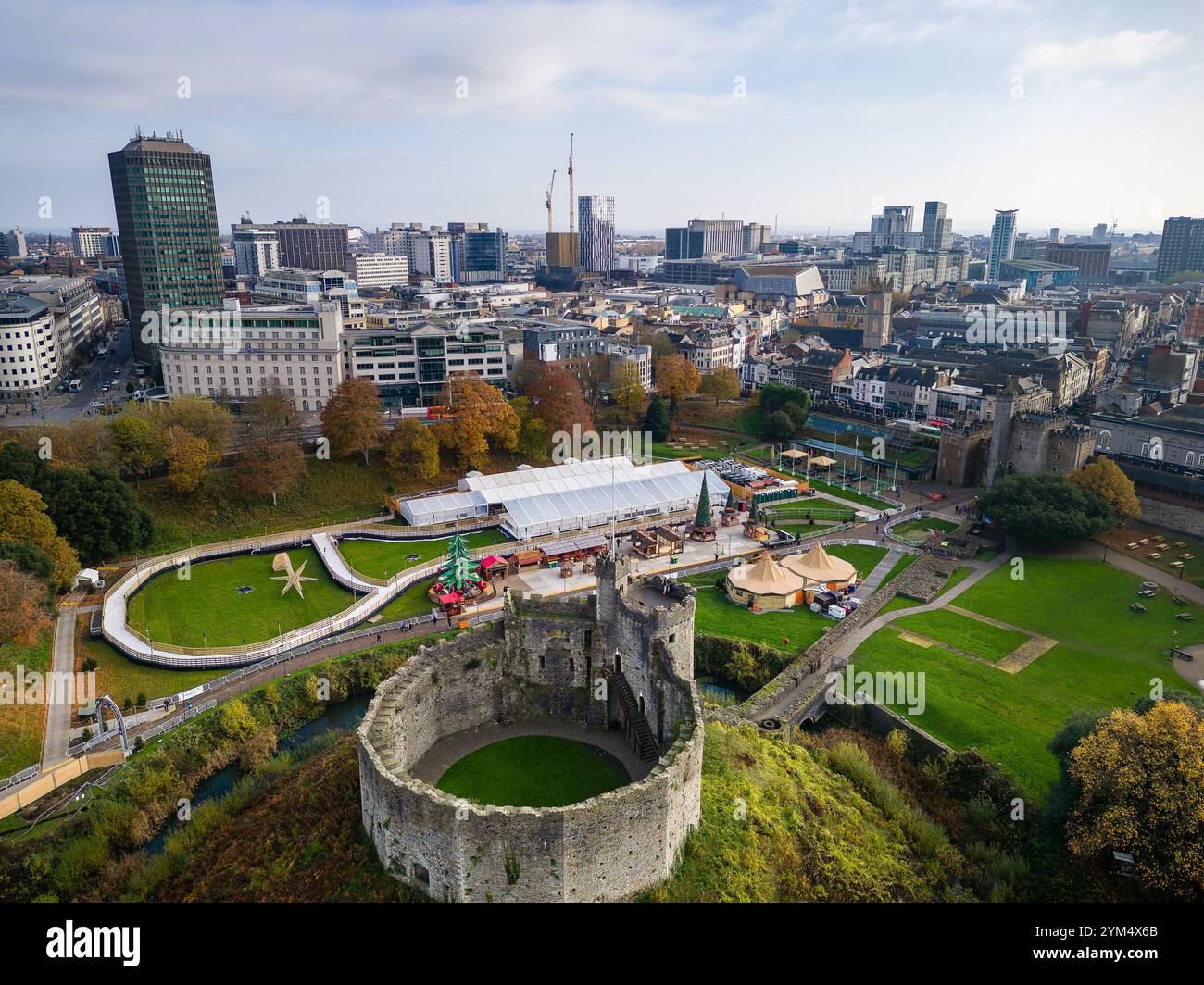 Aerial view of Cardiff Winter Wonderland outdoor ice skating rink and ...