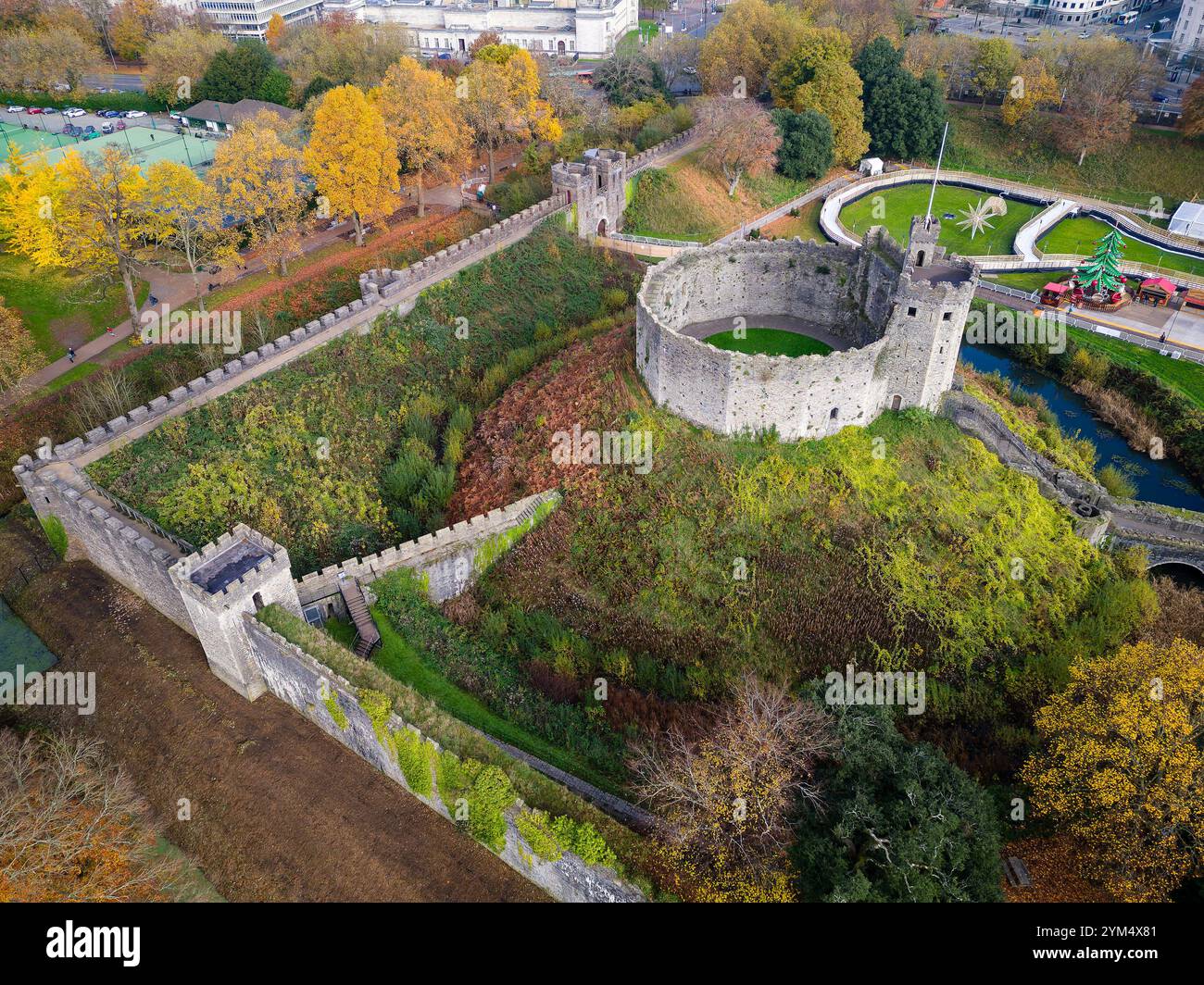 Aerial view of Cardiff Winter Wonderland outdoor ice skating rink in ...
