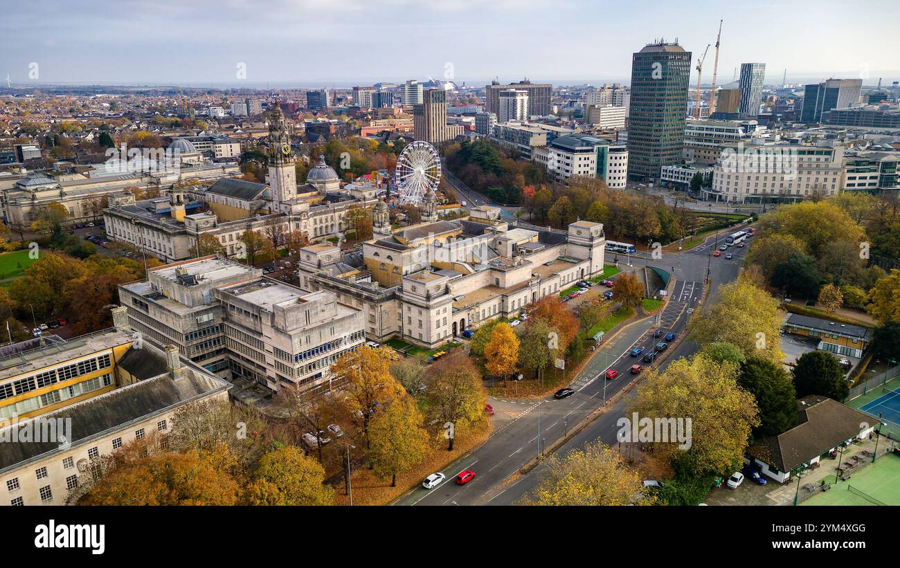 Aerial view of the city of Cardiff, Wales with beautiful autumn foliage ...