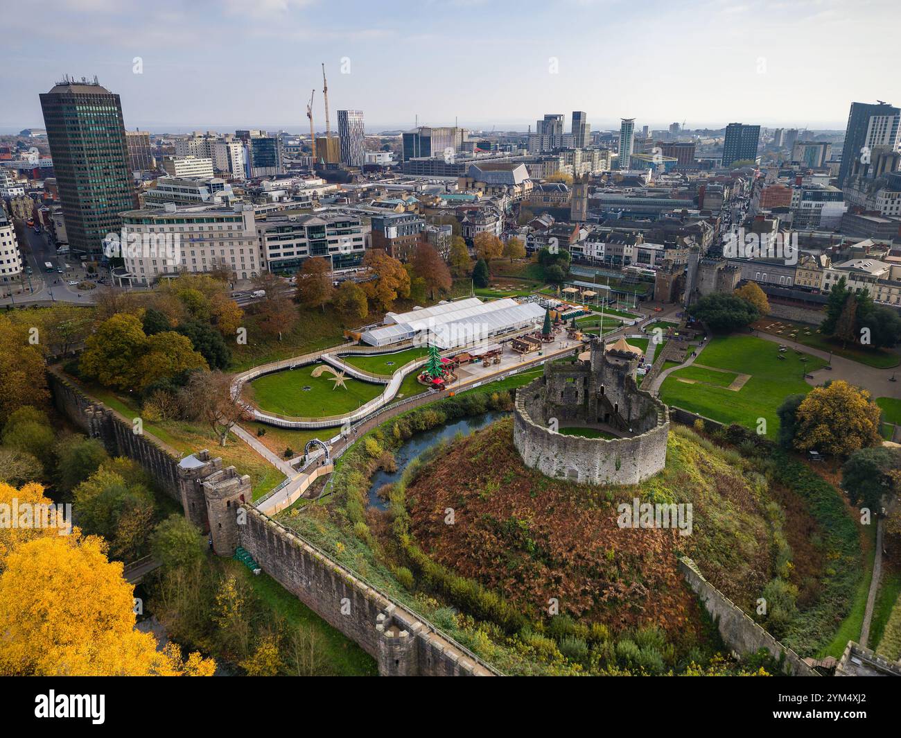 Aerial view of Cardiff Winter Wonderland outdoor ice skating rink in ...