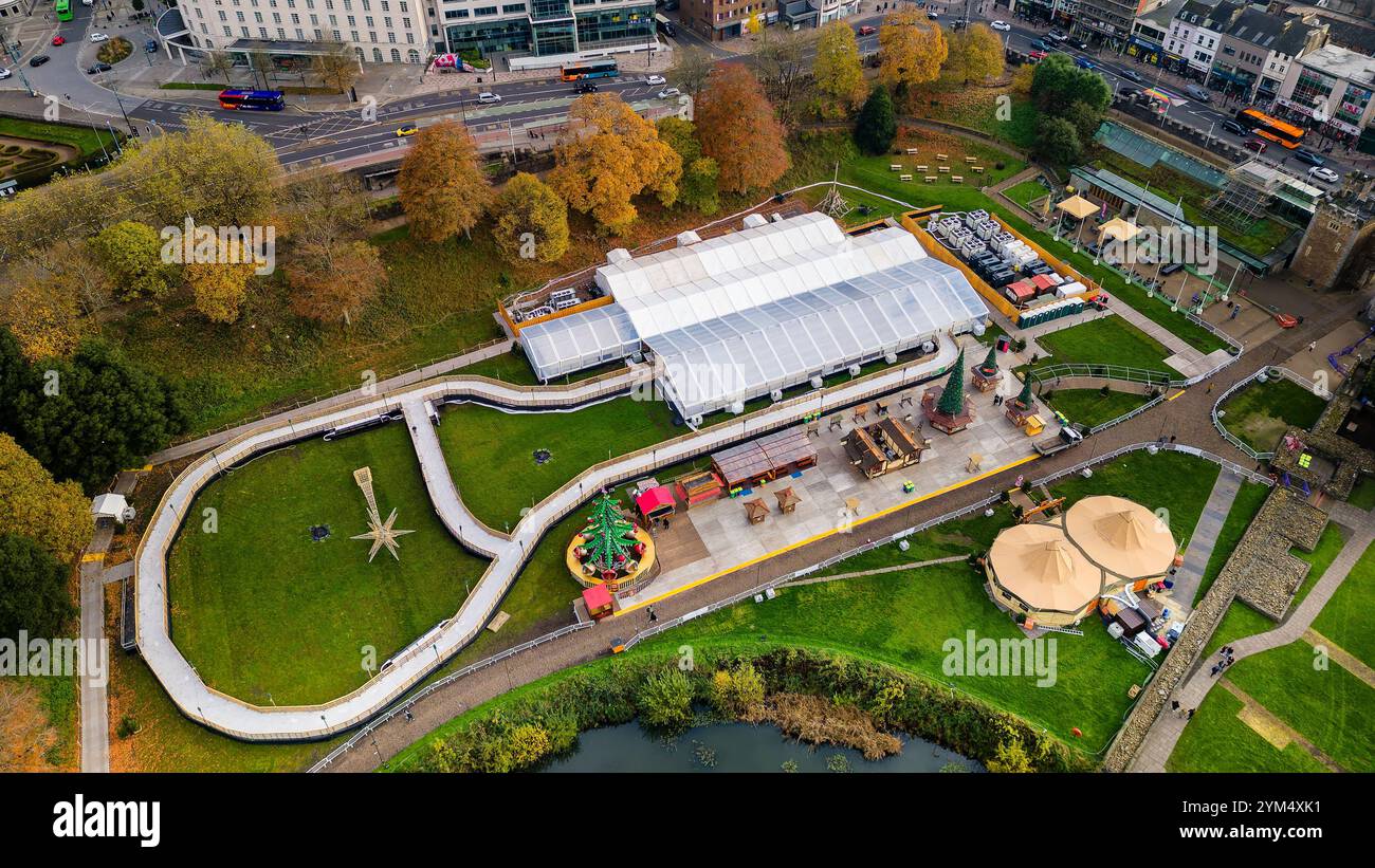 Aerial view of Cardiff Winter Wonderland outdoor ice skating rink in ...