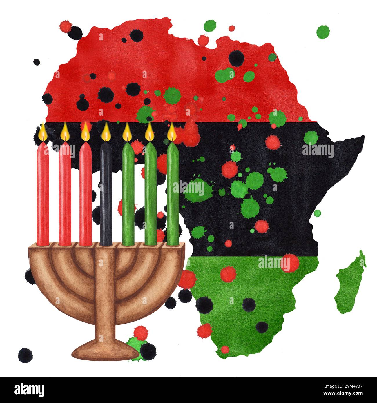 Kwanzaa in traditional Pan African colors - red, green, black. Kinara ...